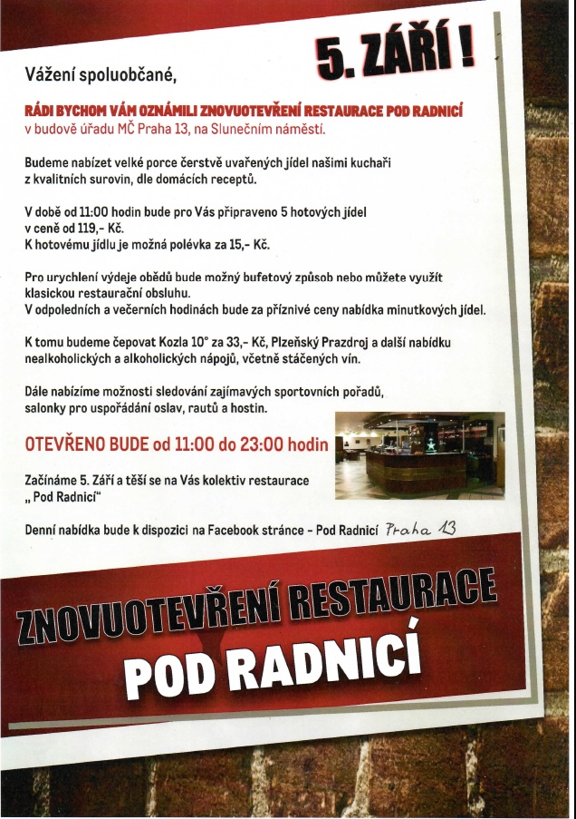 RESTAURACE POD RADNICÍ - NOVĚ OTEVŘENA | Praha 13